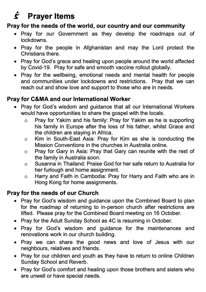 Prayer items – Christian Alliance Church of Victoria
